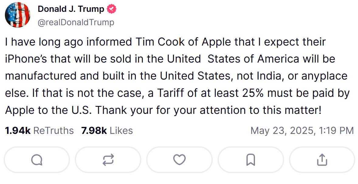 Trump avverte Apple: produzione iPhone negli Stati Uniti o dazi al 25% ...